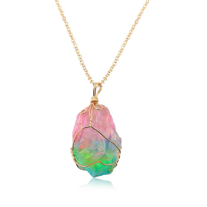 Rainbow Aura Quartz Raw Healing Crystal Necklace Titanium Flame Aura Quartz Rough Stone Necklace For Reiki Meditation Chakra Energy Soul Charms
